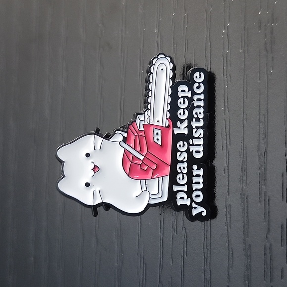 None | Jewelry | Cat With Chainsaw Keep Your Distance Enamel Pin | Poshmark